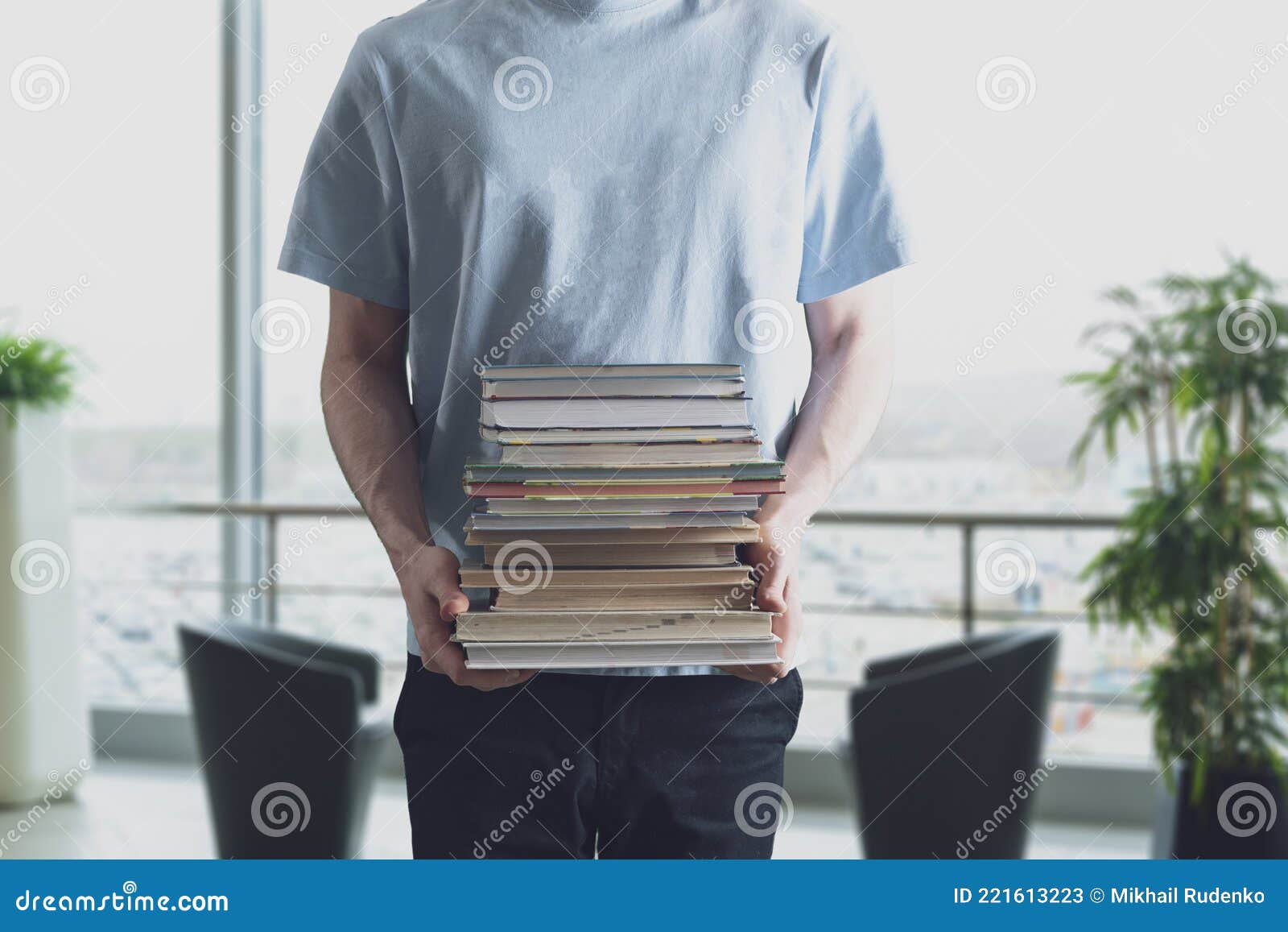 A Student Holding Stack of Books, Carry Heavy Paper Textbooks ...