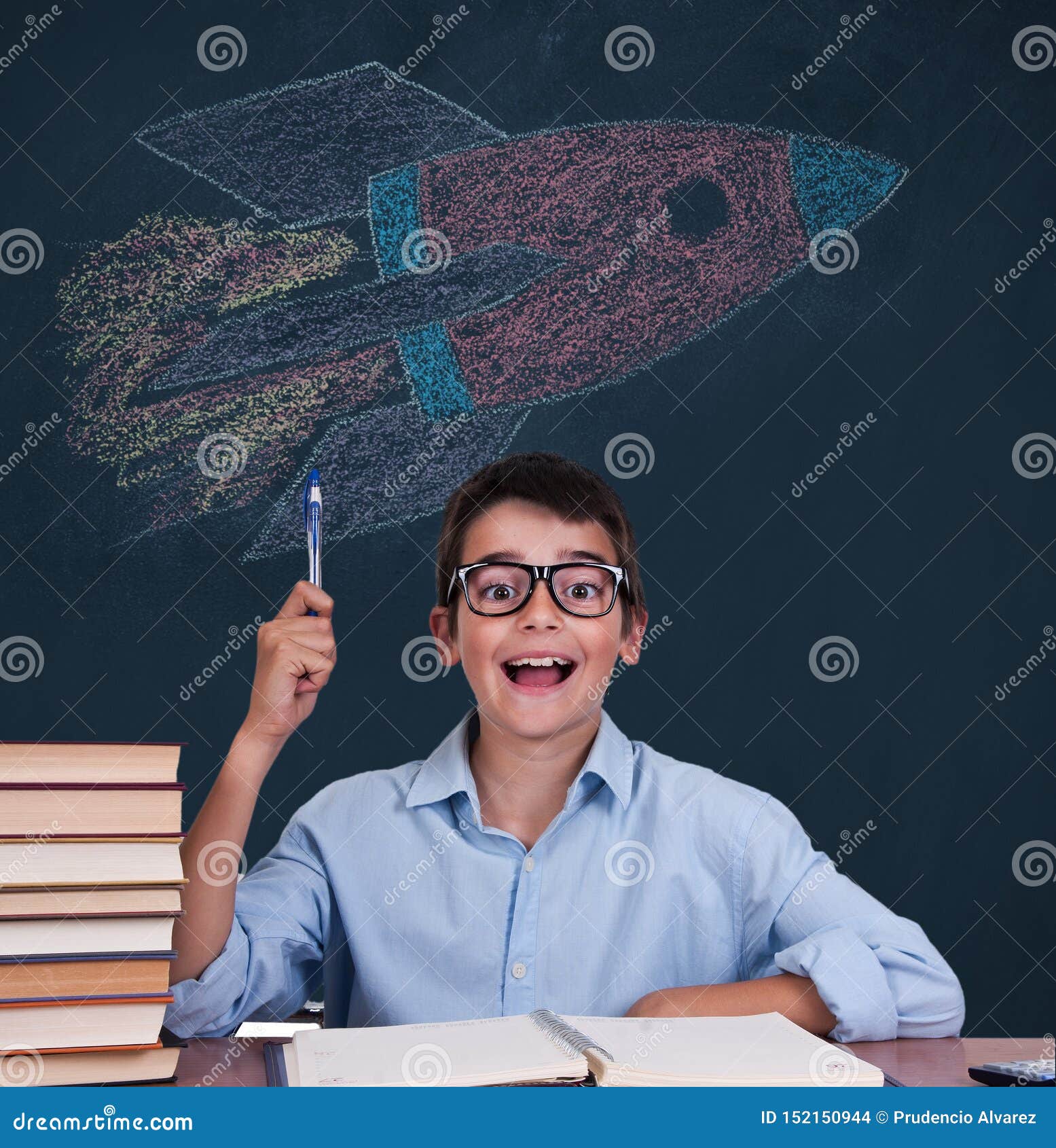 Student with Idea Expression and Rocket Stock Photo - Image of library ...