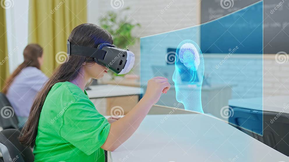 Student Interacting with 3D Brain Model Using VR in Classroom Stock ...