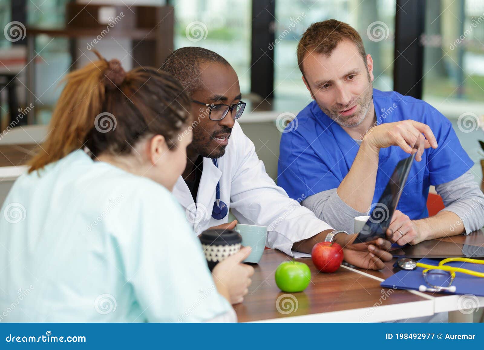 Student Interns Have Lunch and Use Computer Stock Image - Image of ...