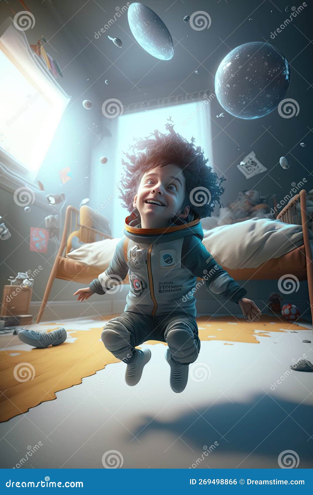 Student Kind in a Bedroom is Experiencing Space Gravity and Experience of Astronaut for ...