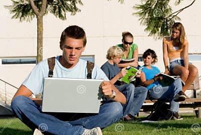 Student with laptop stock image. Image of note, bench - 6214321