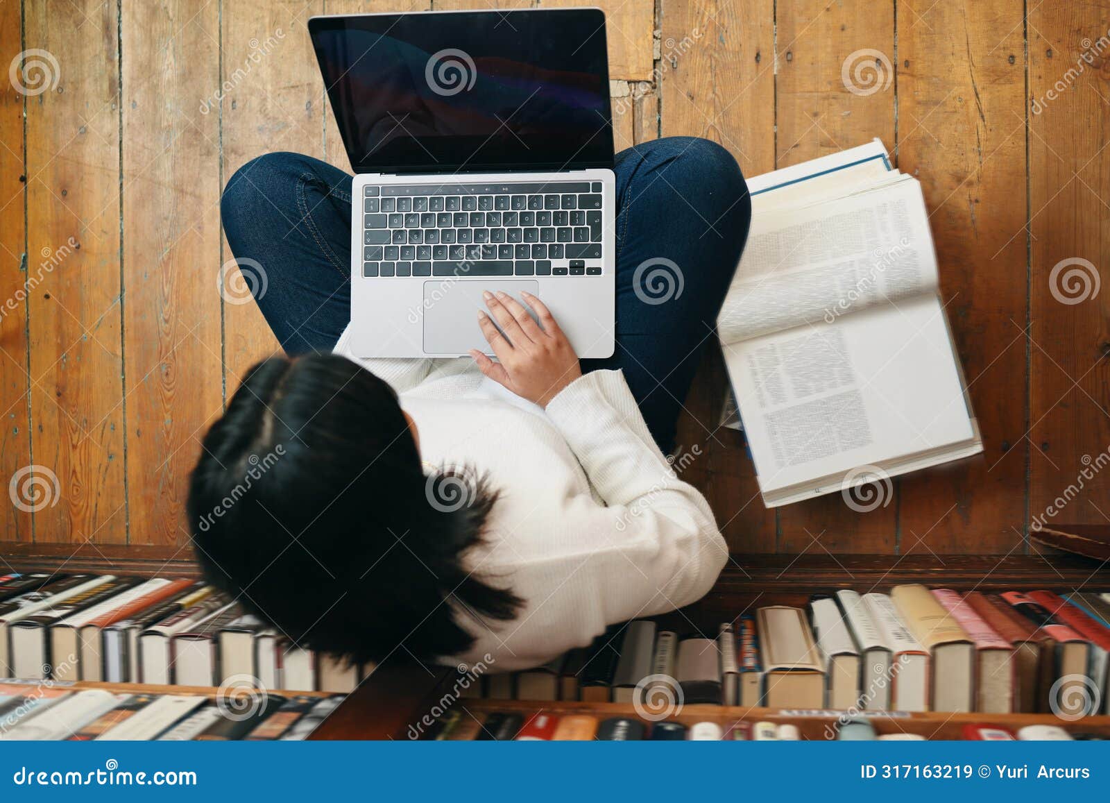 Student, Laptop and Books in Library Studying for Education, Learning ...