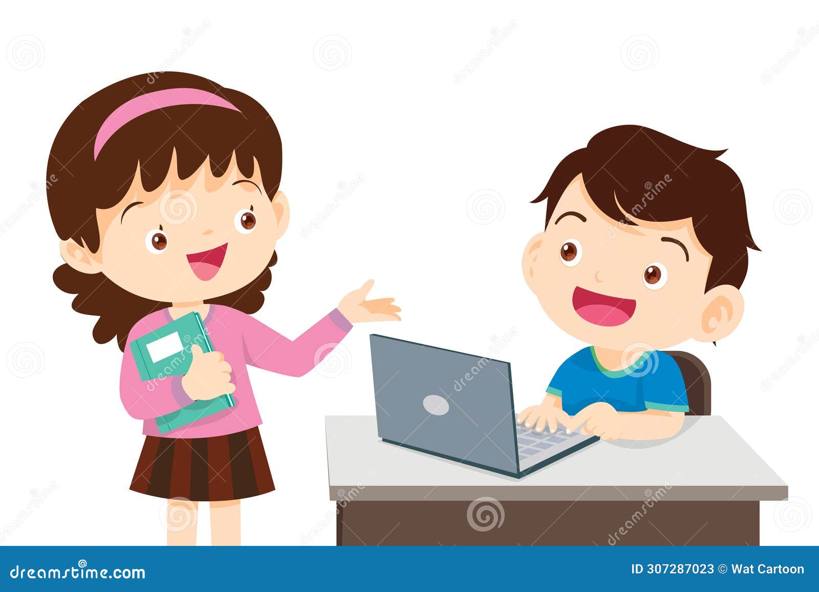 Student with Laptop,Illustration of Kid Studying with the Use of Laptop ...