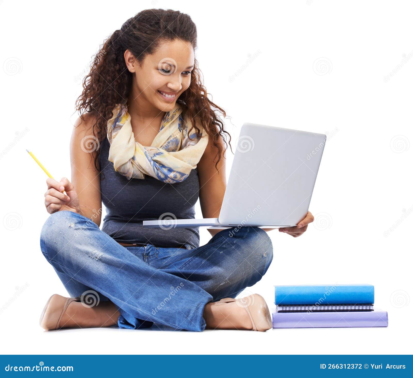 Student, Laptop and Smile Learning with Books or Studying in Studio for ...