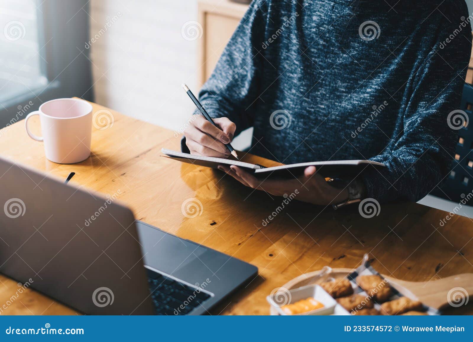 Student Learning at Home with Online Lesson by Laptop Computer. E ...