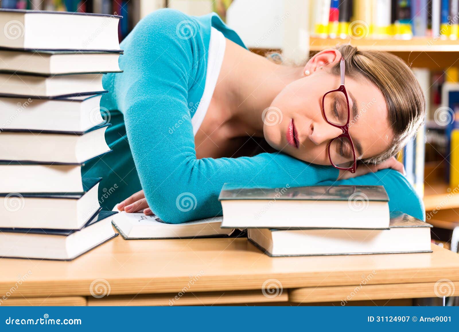 Student in Library Asleep Over Books Stock Image - Image of student ...