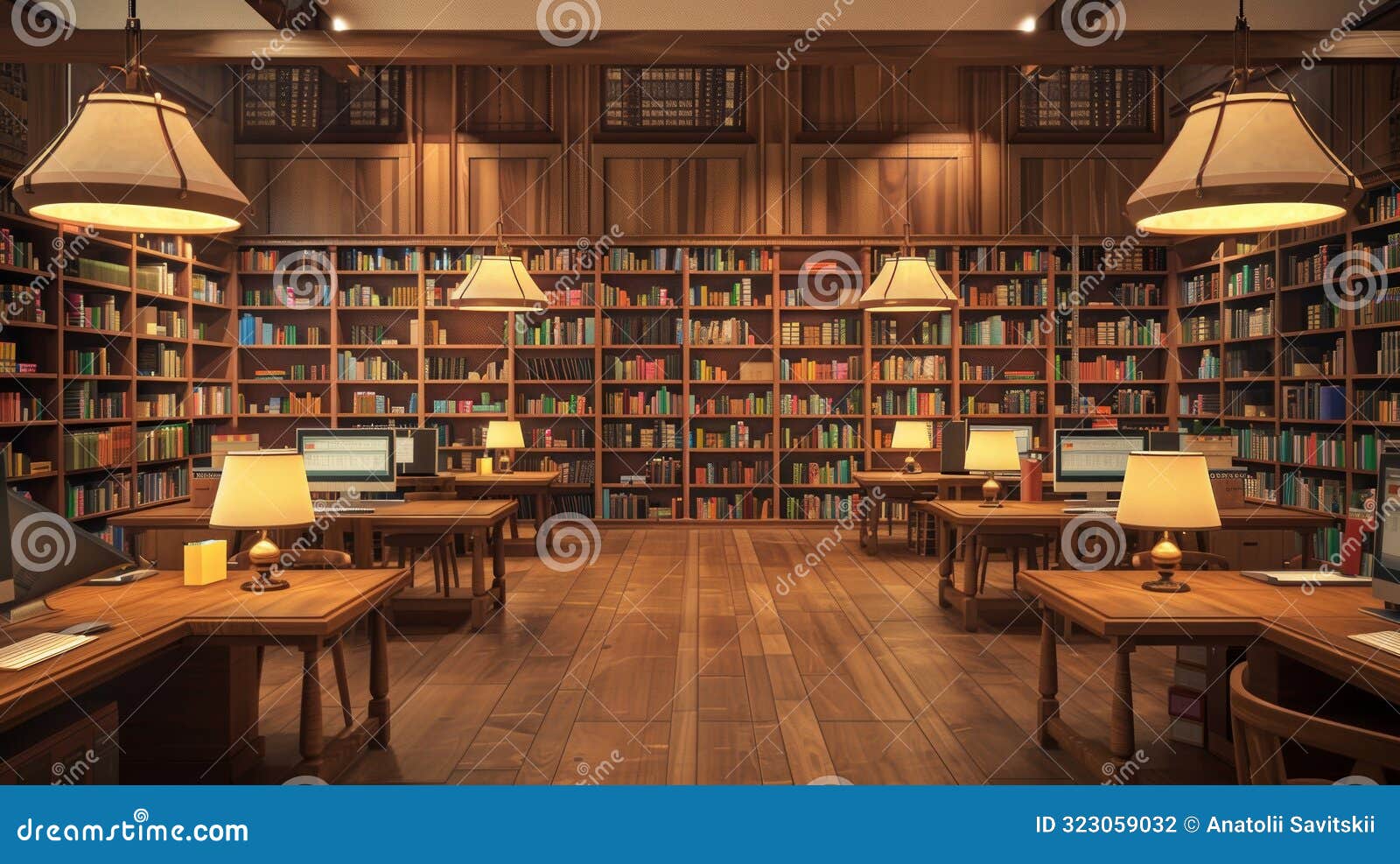 A Student Library with Bookshelves Filled with Books and Computer ...