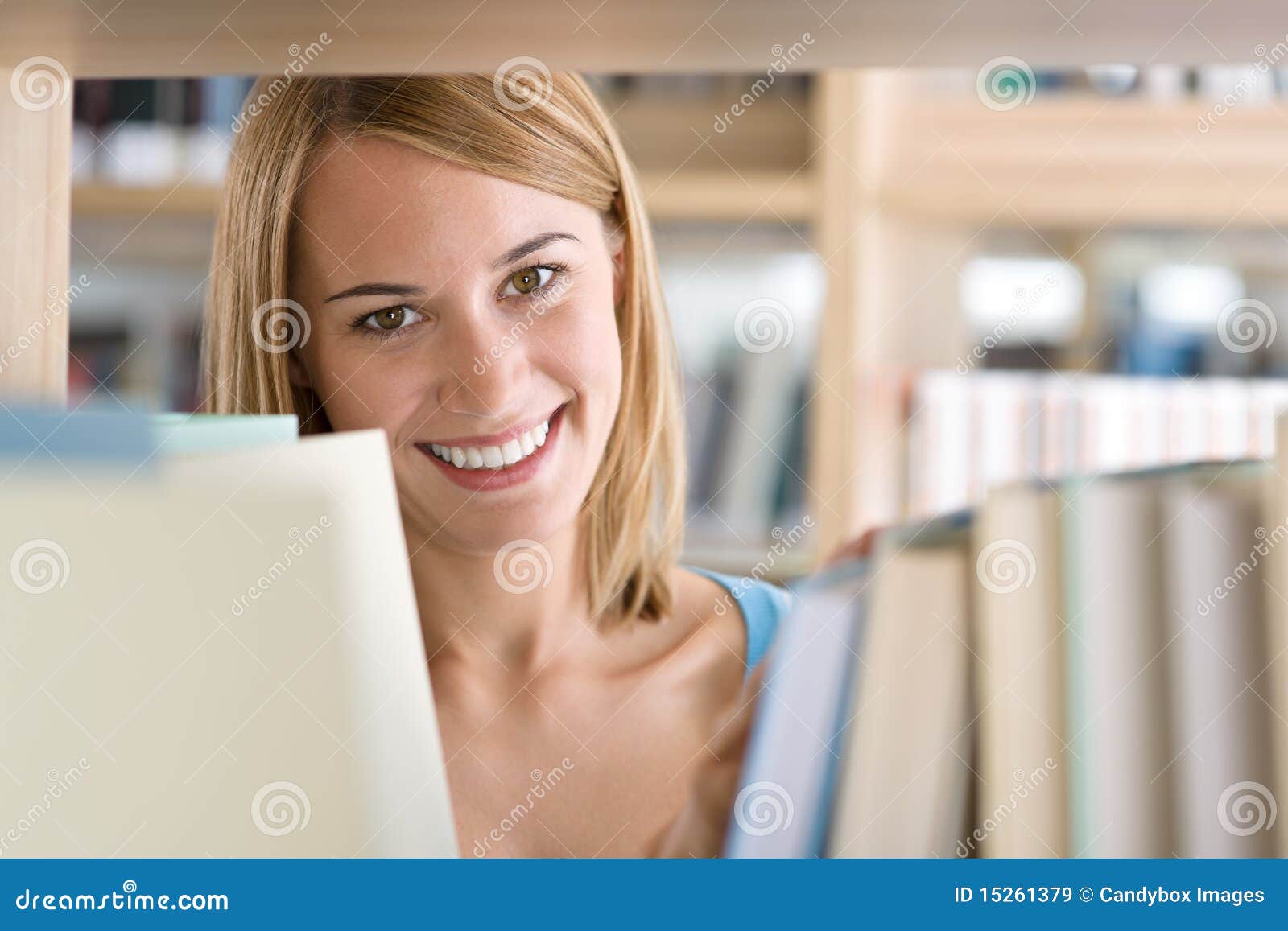 Student in Library - Woman Look through Bookshelf Stock Image - Image ...