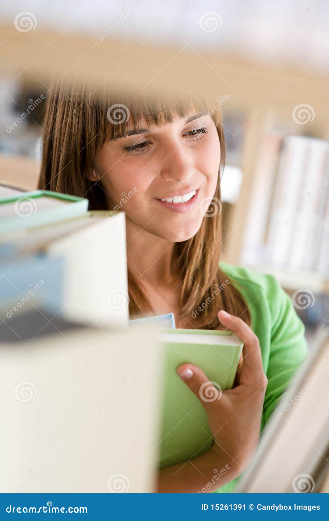 Student in Library - Woman Stand by Bookshelf Stock Image - Image of ...