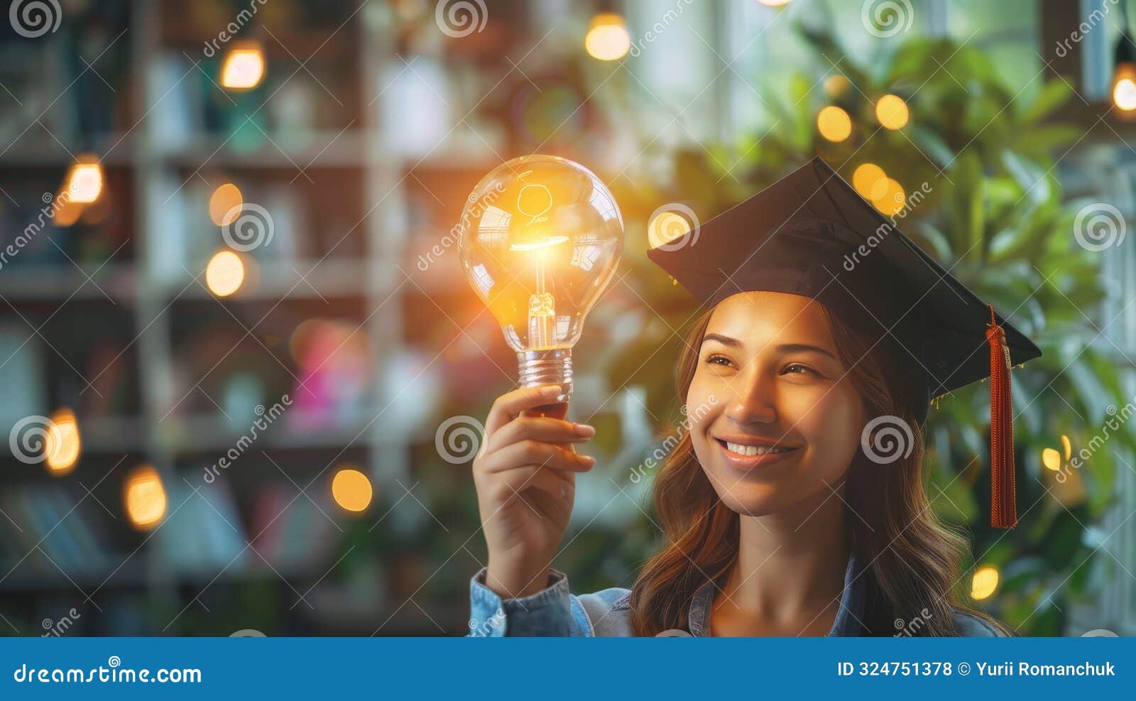 Student with Light Bulb and Graduation Cap for Education, E Learning ...