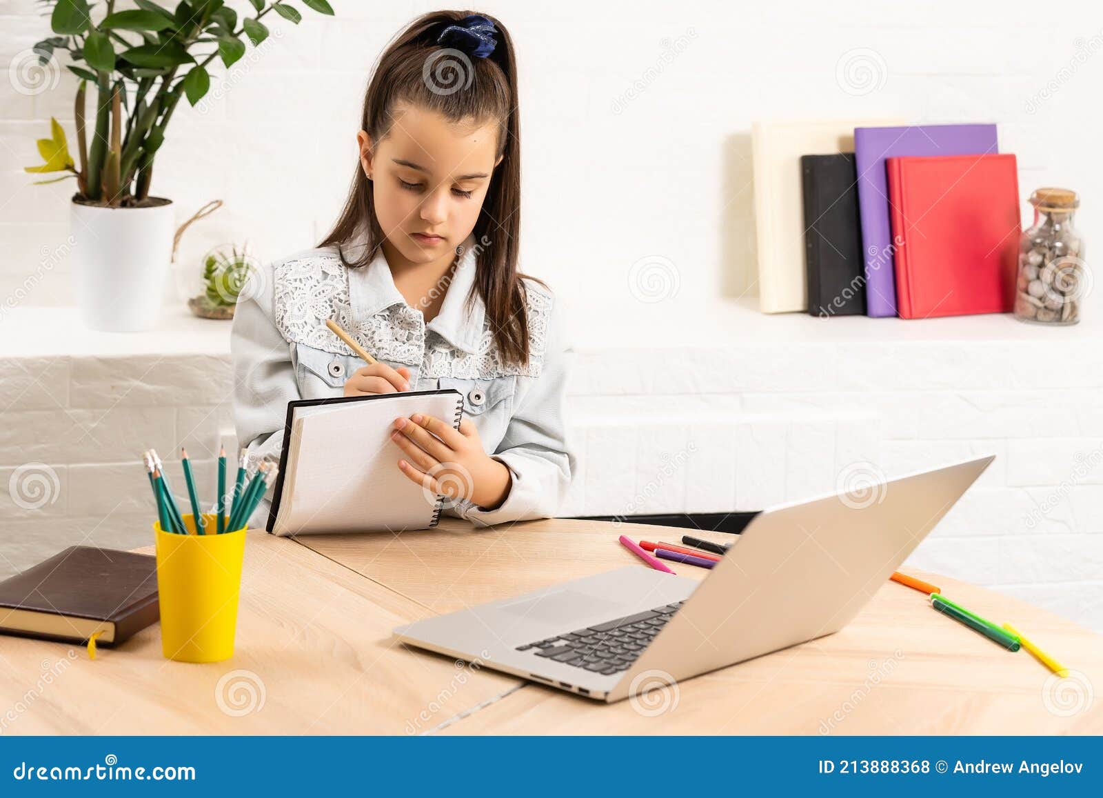 Student Little School Girl Homework on Laptop Computer Silver Stock ...
