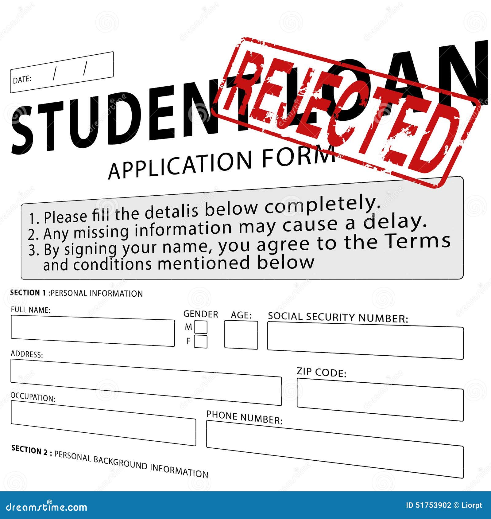 Student Loan Application Form with Red Rejected Stamp Stock ...