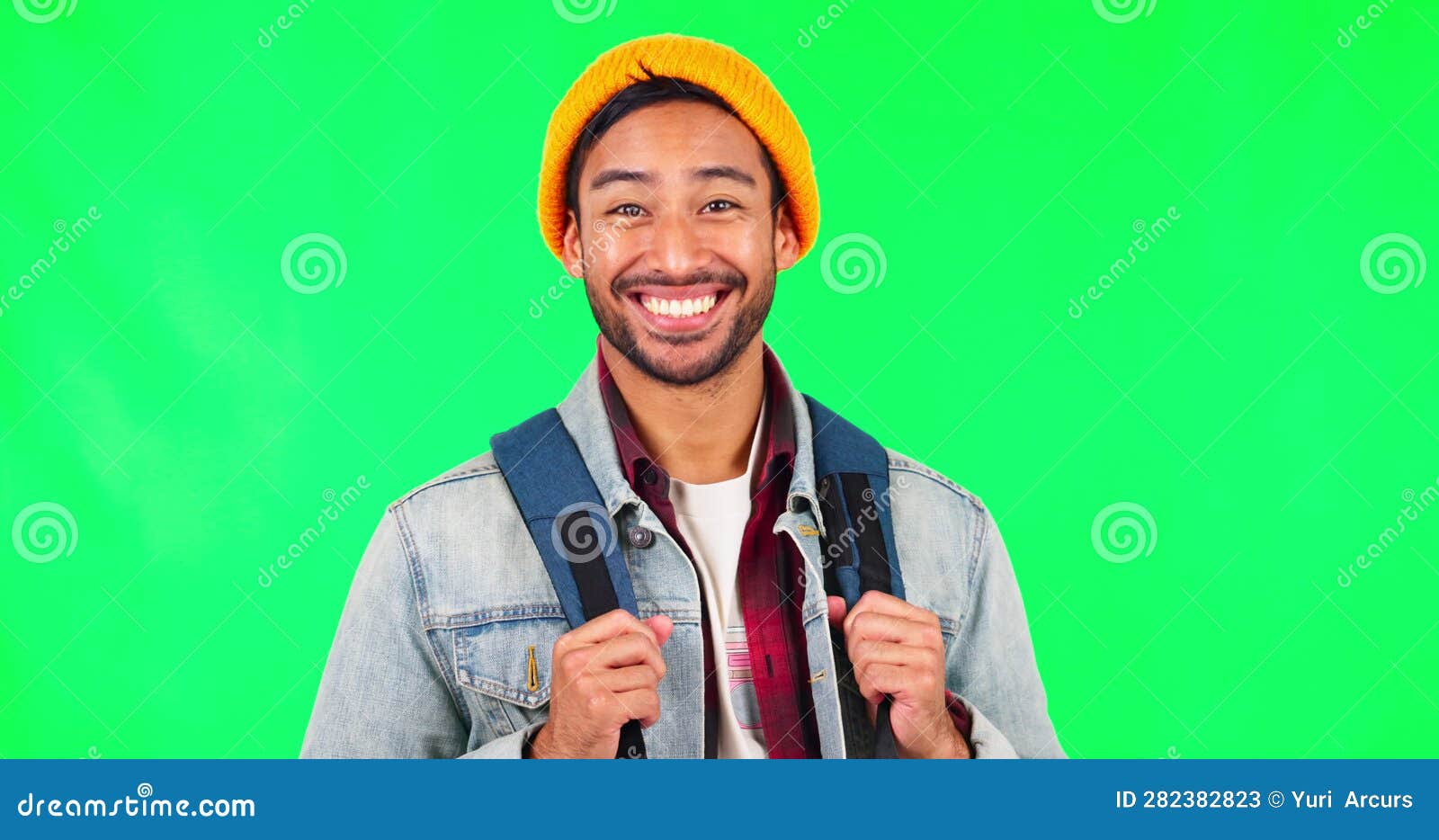 Student Man, Backpack and Green Screen with Smile on Face for Learning ...