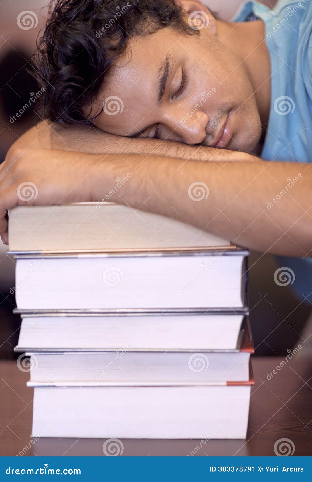 Student Man, Sleeping and Stack of Books for Education, Development or Exhausted with Fatigue at ...