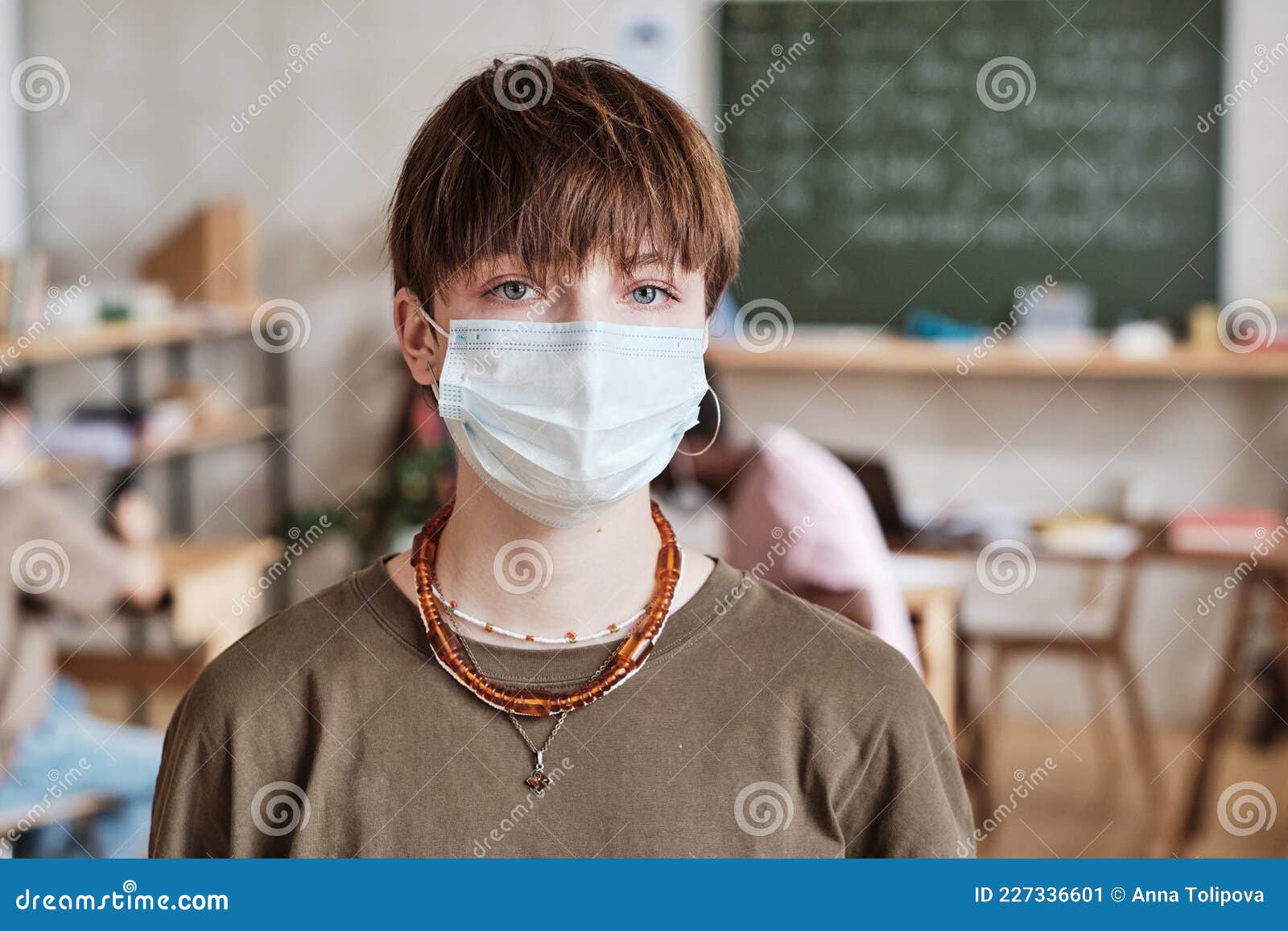 Student in Mask Standing in the Classroom Stock Image - Image of ...