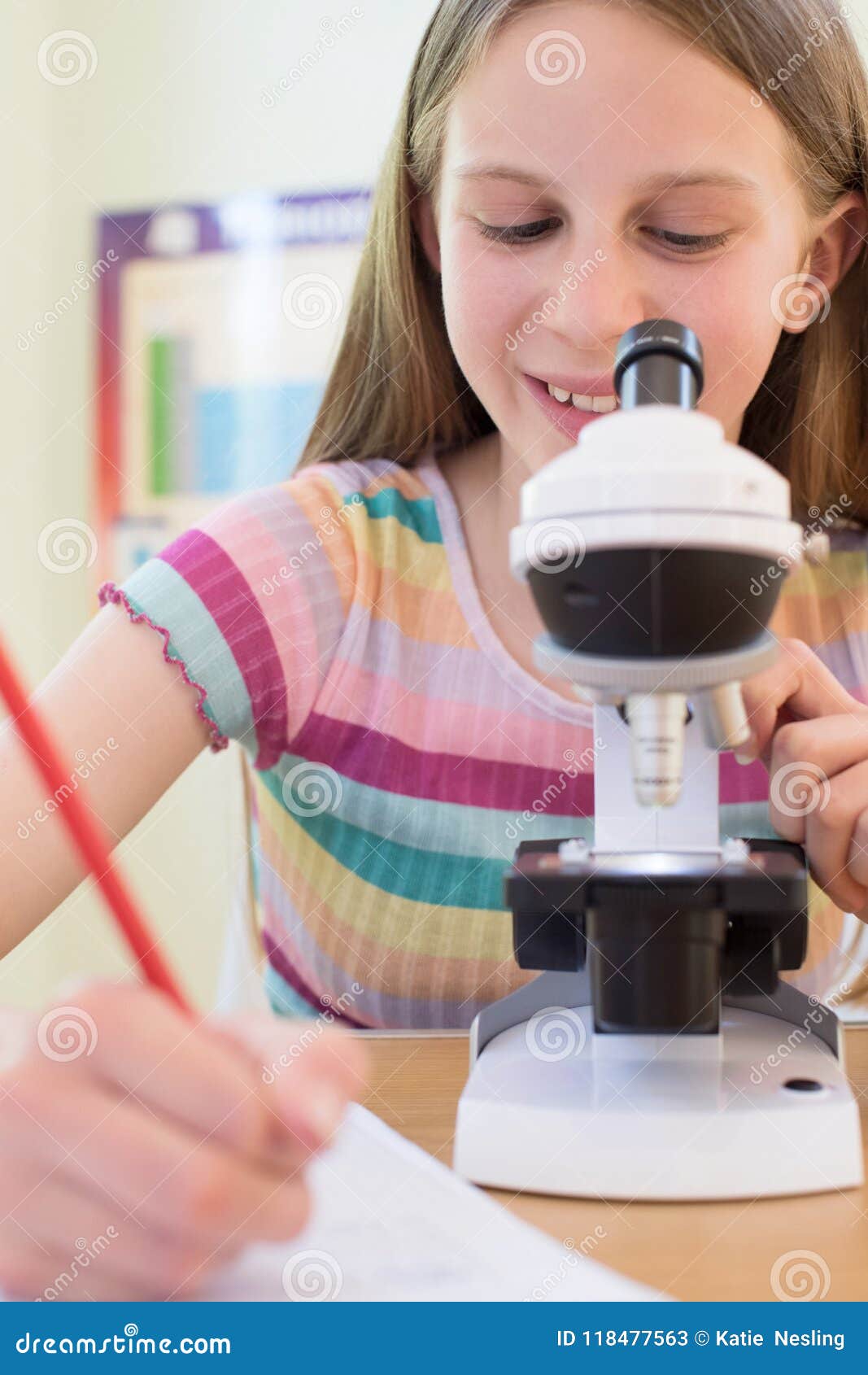 Female Student with Microscope in Science Class Stock Image - Image of ...