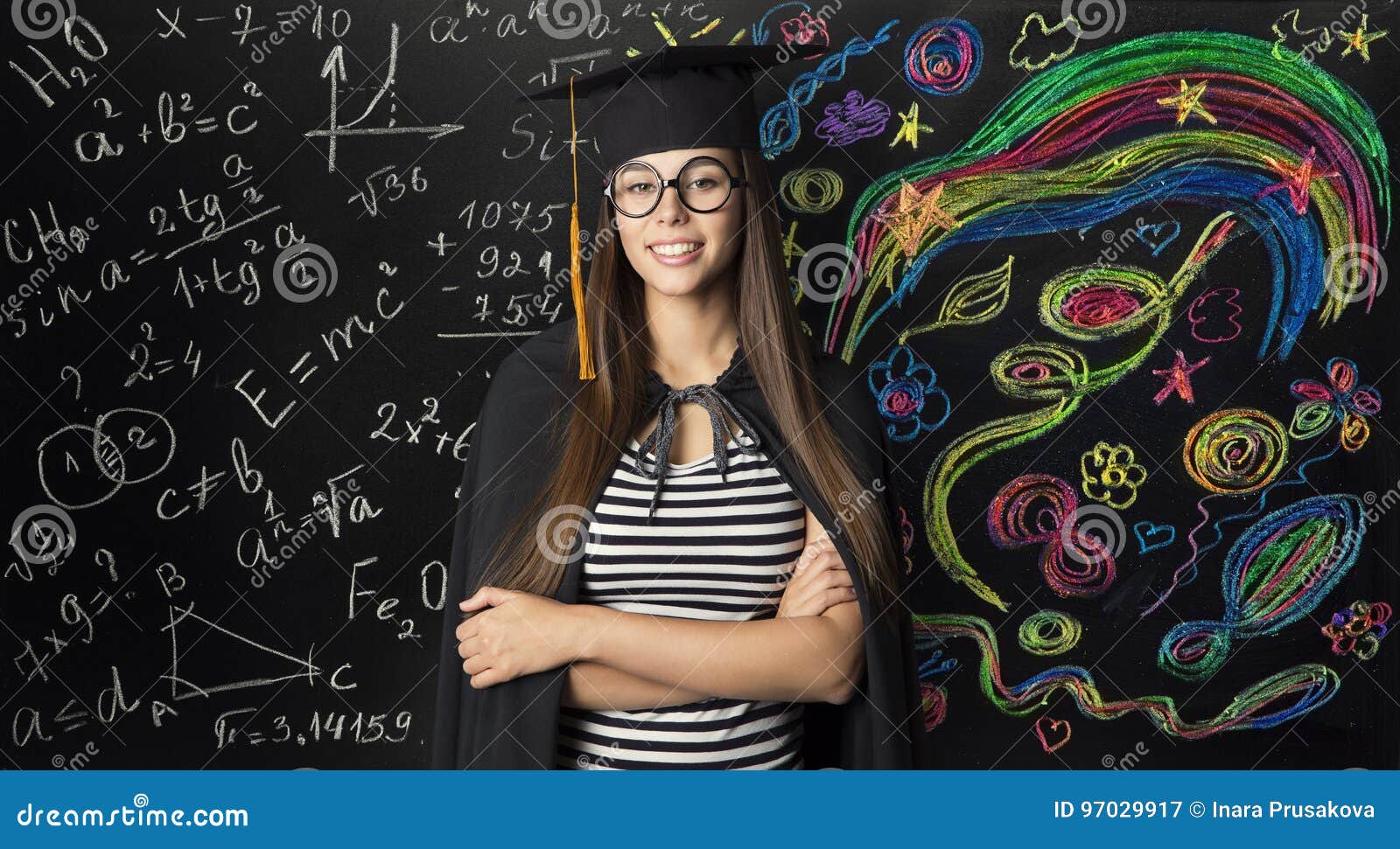 Student in Mortarboard Graduation Hat, Young Woman Learning Math Stock ...