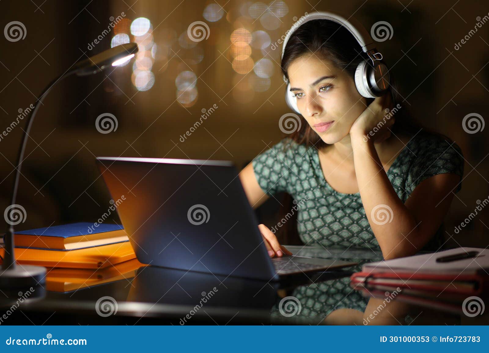 Student in the Night Studying Watching Tutorial at Home Stock Image ...