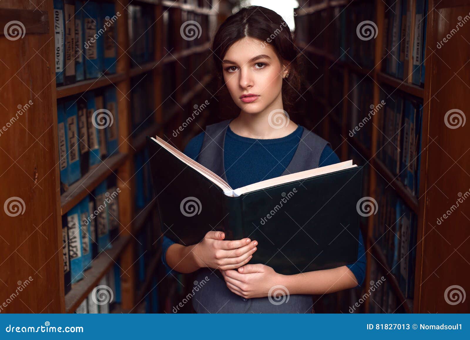 Student with Open Book in College Library. Stock Image - Image of ...