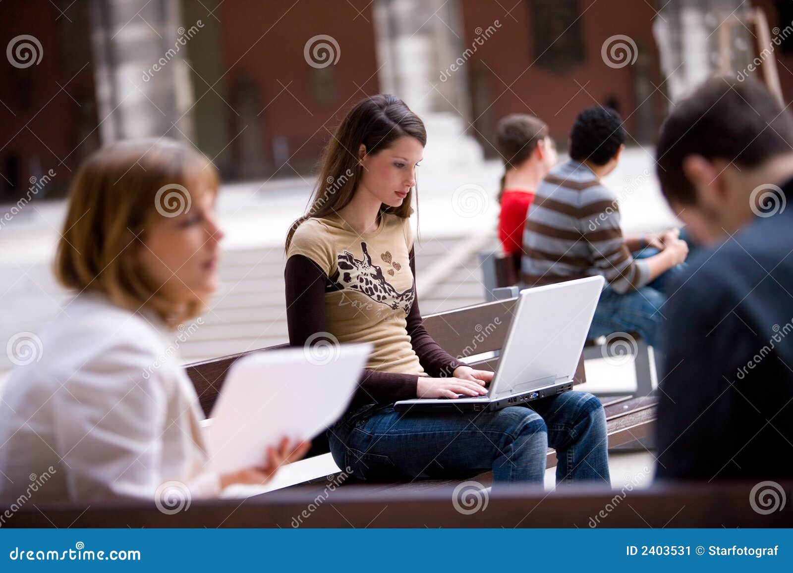 Student Outdoor with Laptop Pc Stock Image - Image of brunette, campus ...