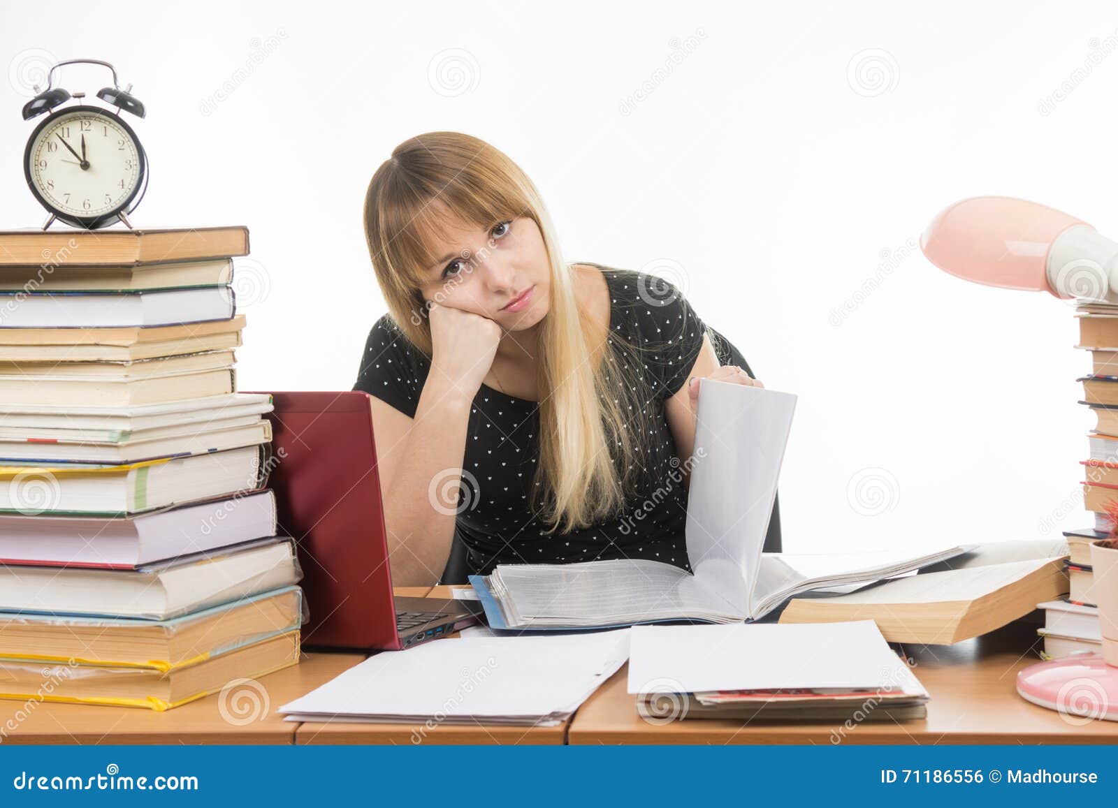 Student Paper Dull Leafs at Table among Books and Stacks of Looks in ...