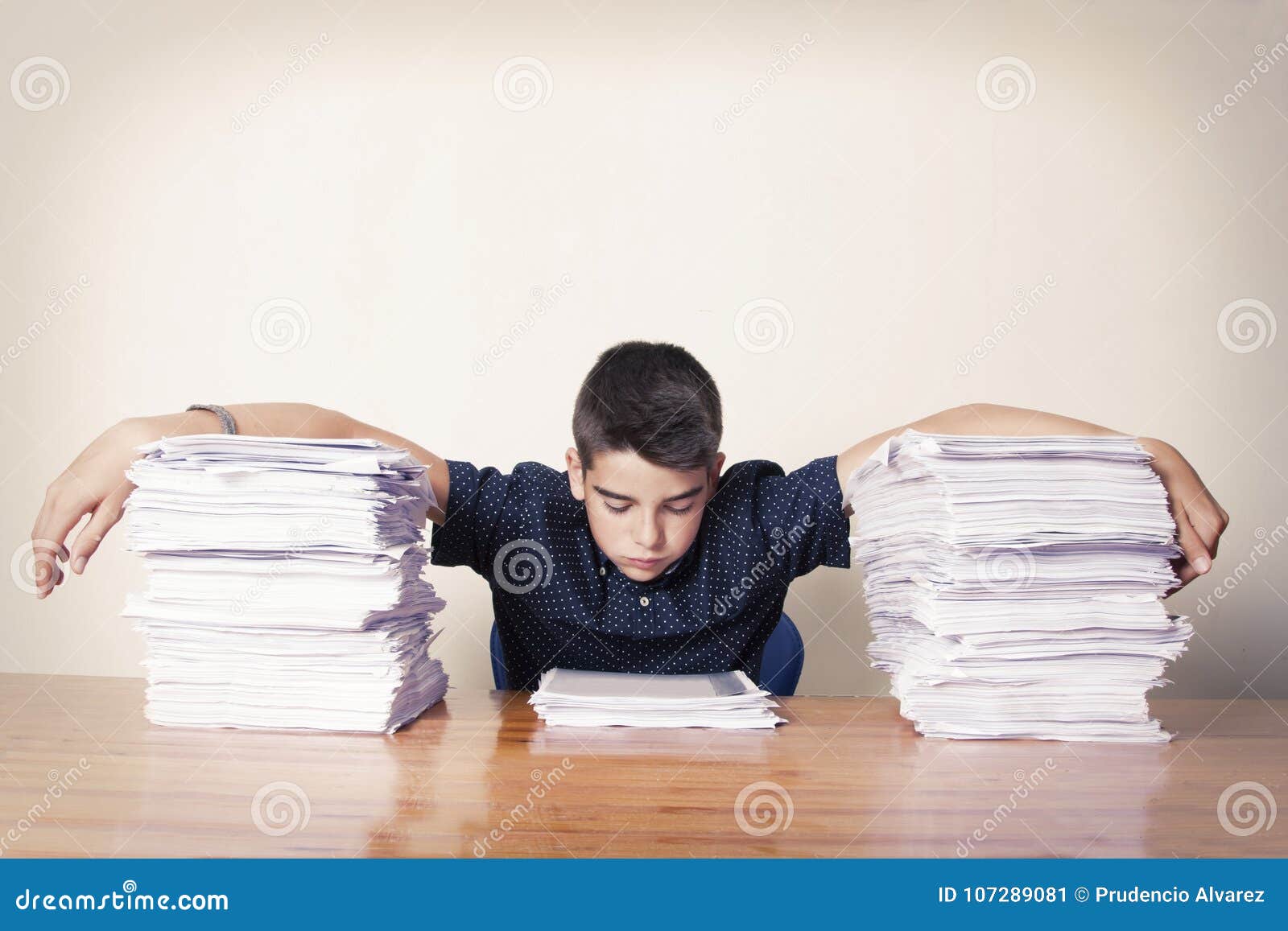 Student with the Papers Stacked Stock Image - Image of horizontal ...