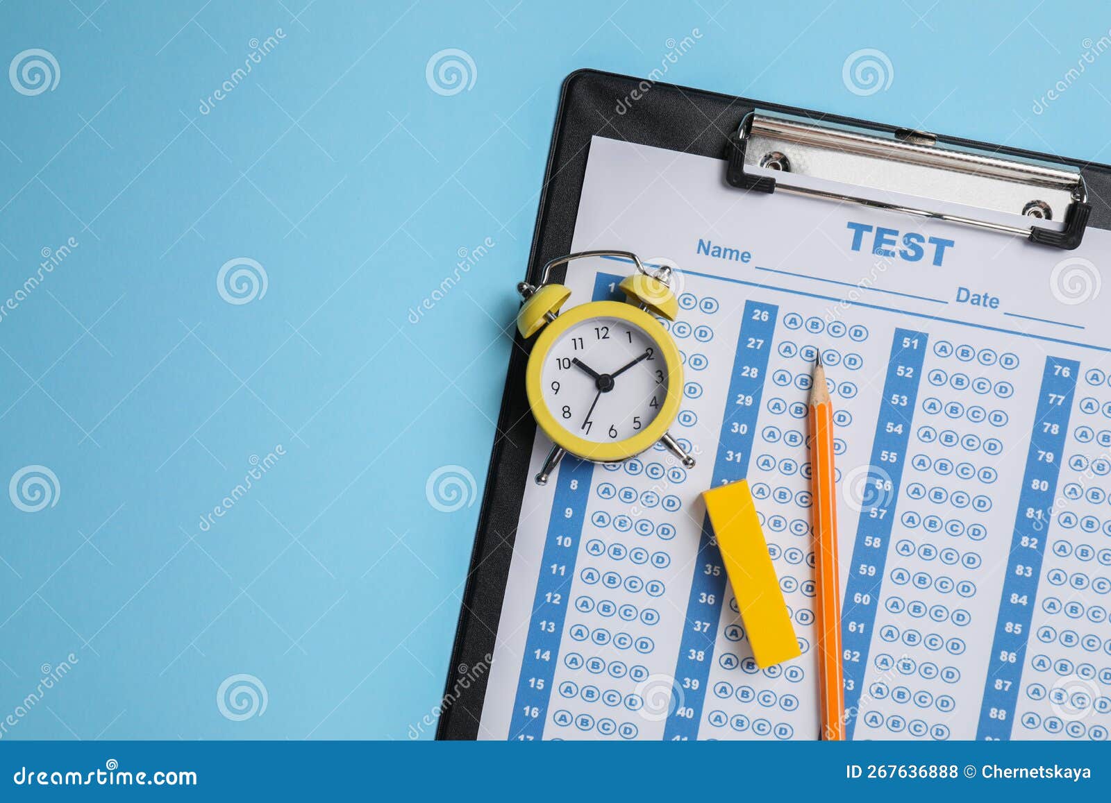 Student Passing Exam. Clipboard with Answer Sheet, Pencil and Alarm ... Student Passing Exam. Clipboard with Answer Sheet, Pencil and Alarm ...