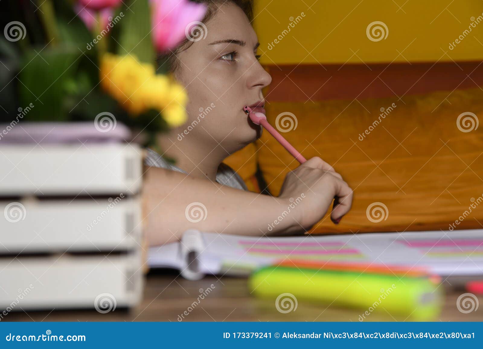 Student with pencil stock image. Image of cosmetic, human - 173379241