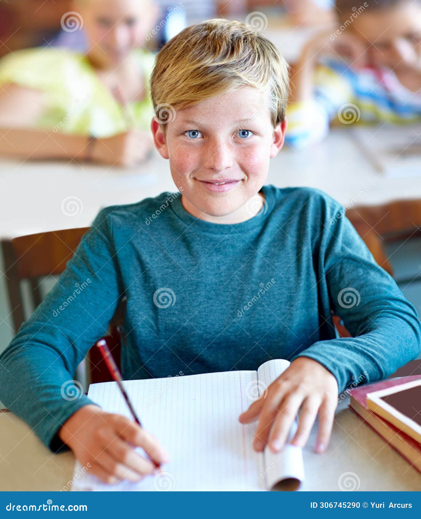 Student, Portrait and Boy Writing Notes for Learning in Classroom, Book ...