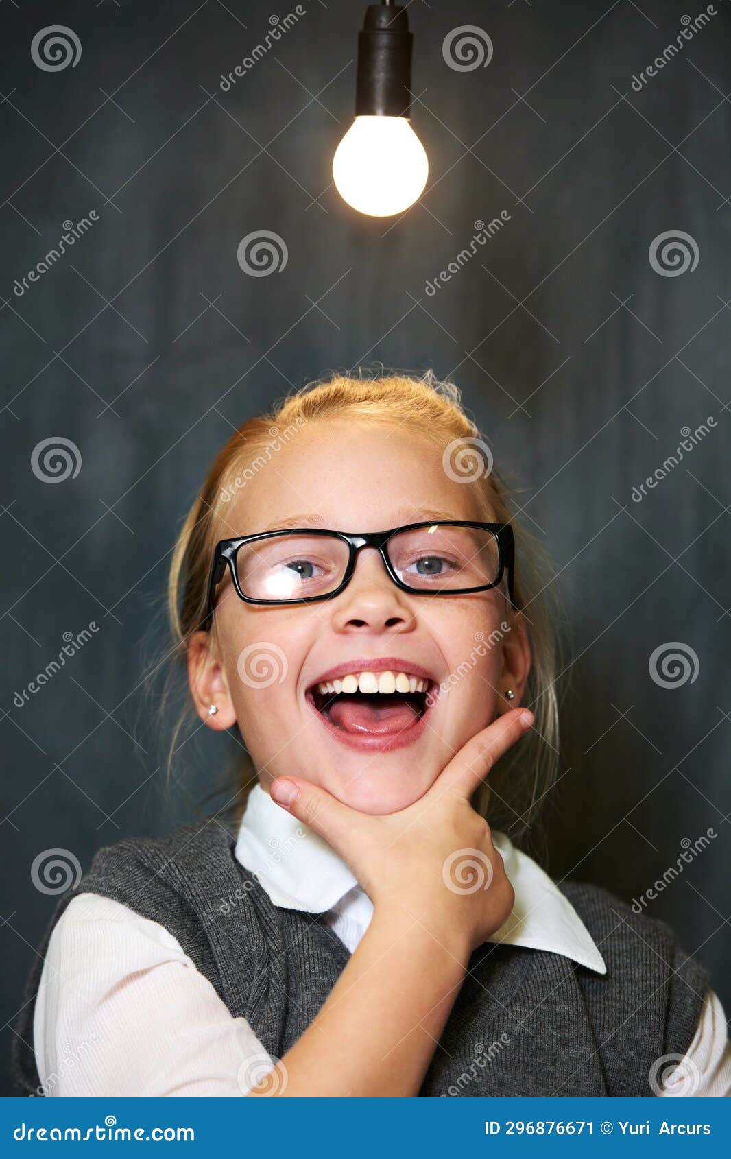 Student Portrait, Girl and Lightbulb for Solution, Learning and Wow ...