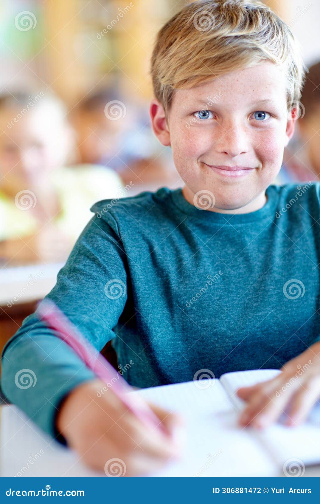 Student, Portrait and Writing Notes for Learning in Classroom, Boy and ...