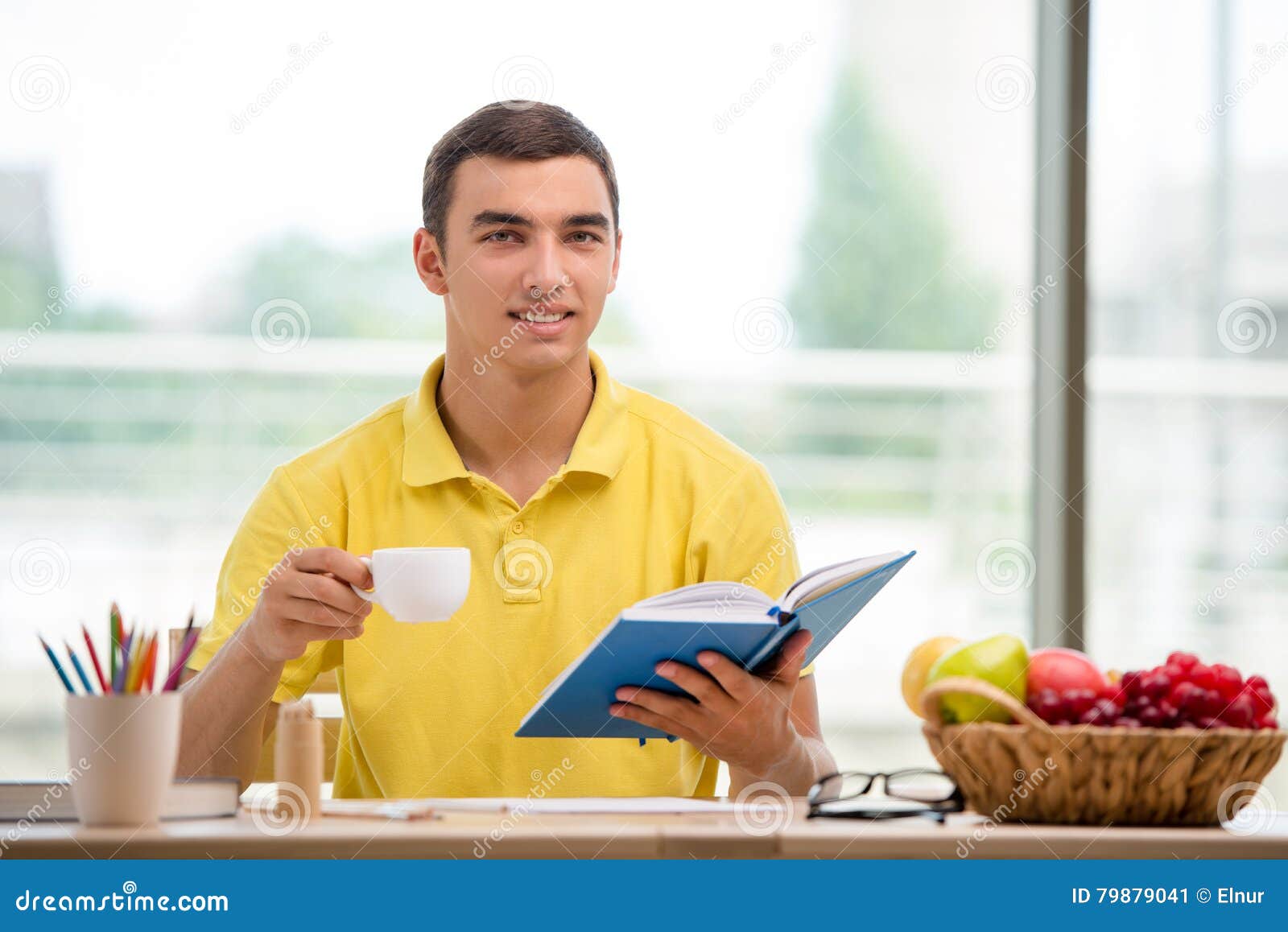 The Student Reading Book and Drinking Tea Stock Image - Image of ...