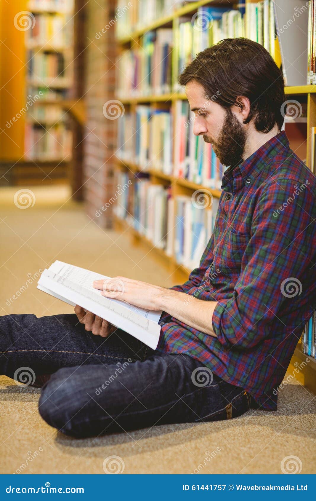 Student Reading Book in Library on Floor Stock Image - Image of ...