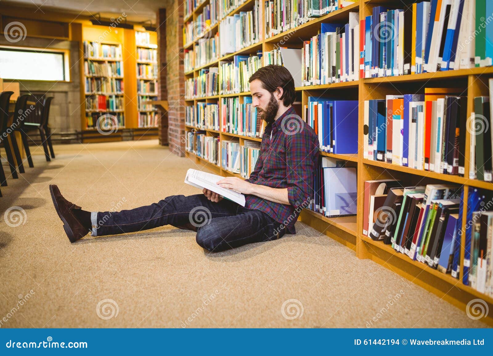 Student Reading Book in Library on Floor Stock Photo - Image of campus ...