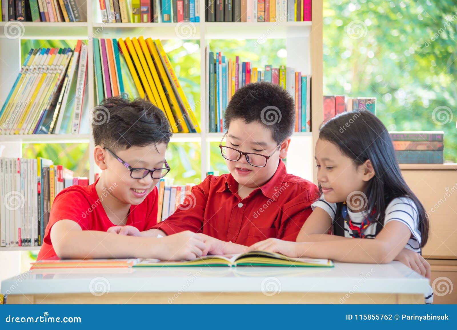 Student Reading Book Together in School Library Stock Photo - Image of ...