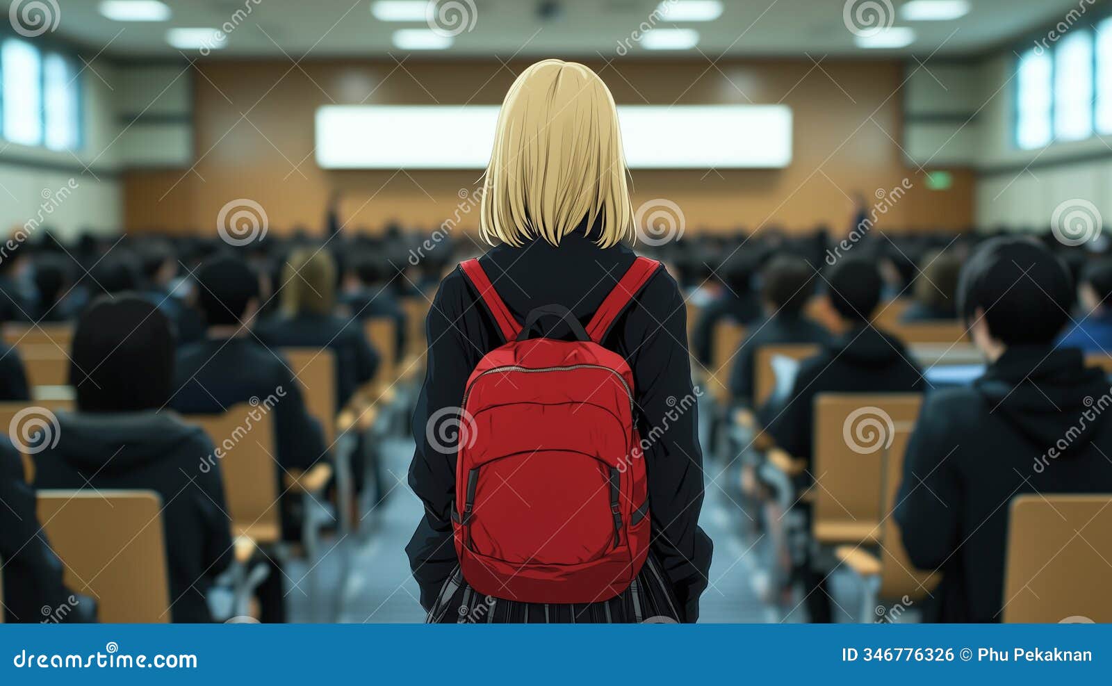 Student with Red Backpack Stands in Crowded Lecture Hall, Facing Front ...