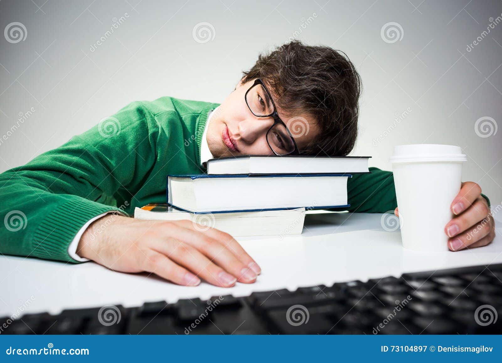 Student Resting Head on Books Stock Image - Image of knowledge, green ...