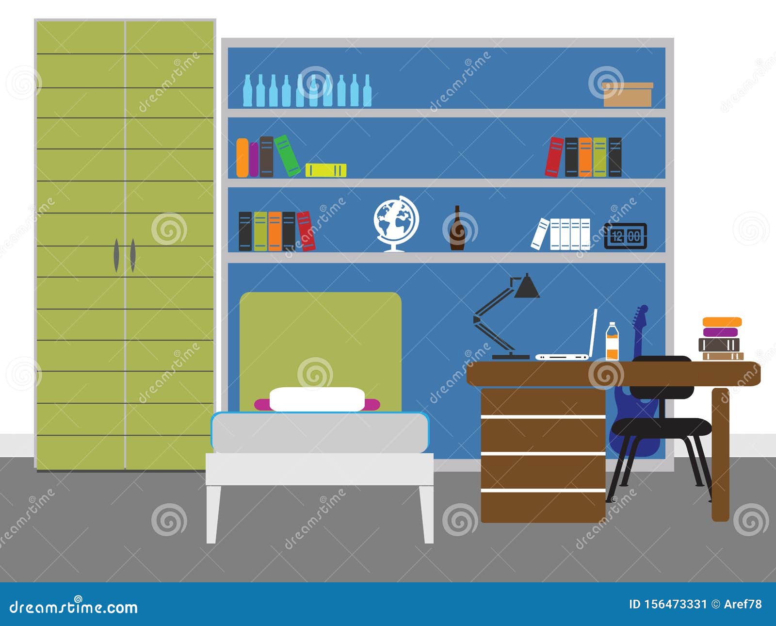 Student Room Interior Design Vector Illustration Flat Set Stock Vector ...