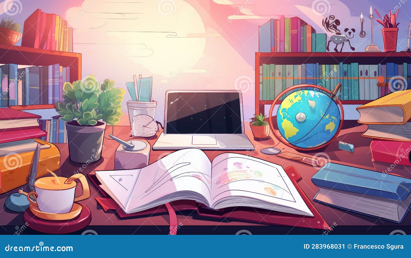 Student S Desk with Open Books, Notebooks, and Stationery. Stock ...