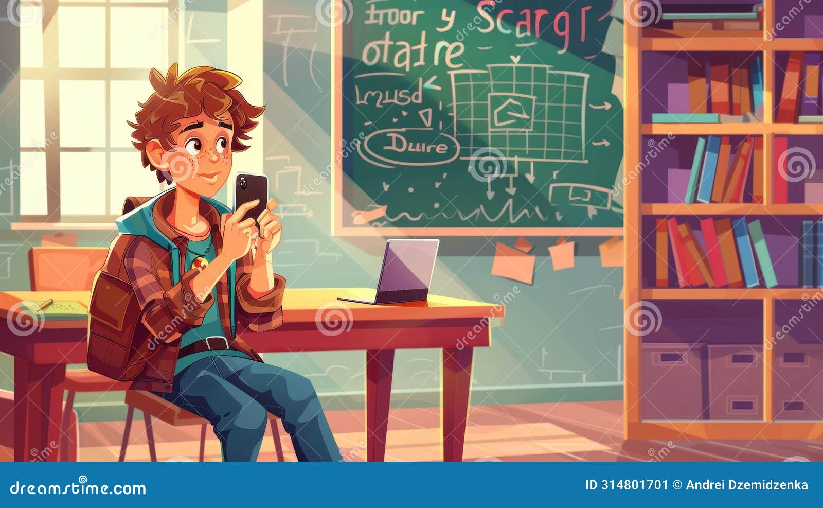 Student or School Boy Talking on Cell Phone in Front of Blackboard in ...