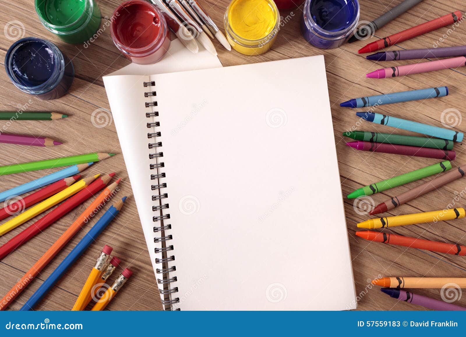 Student School Desk with Blank Open Art Book, Pencils, Crayons, Copy ...