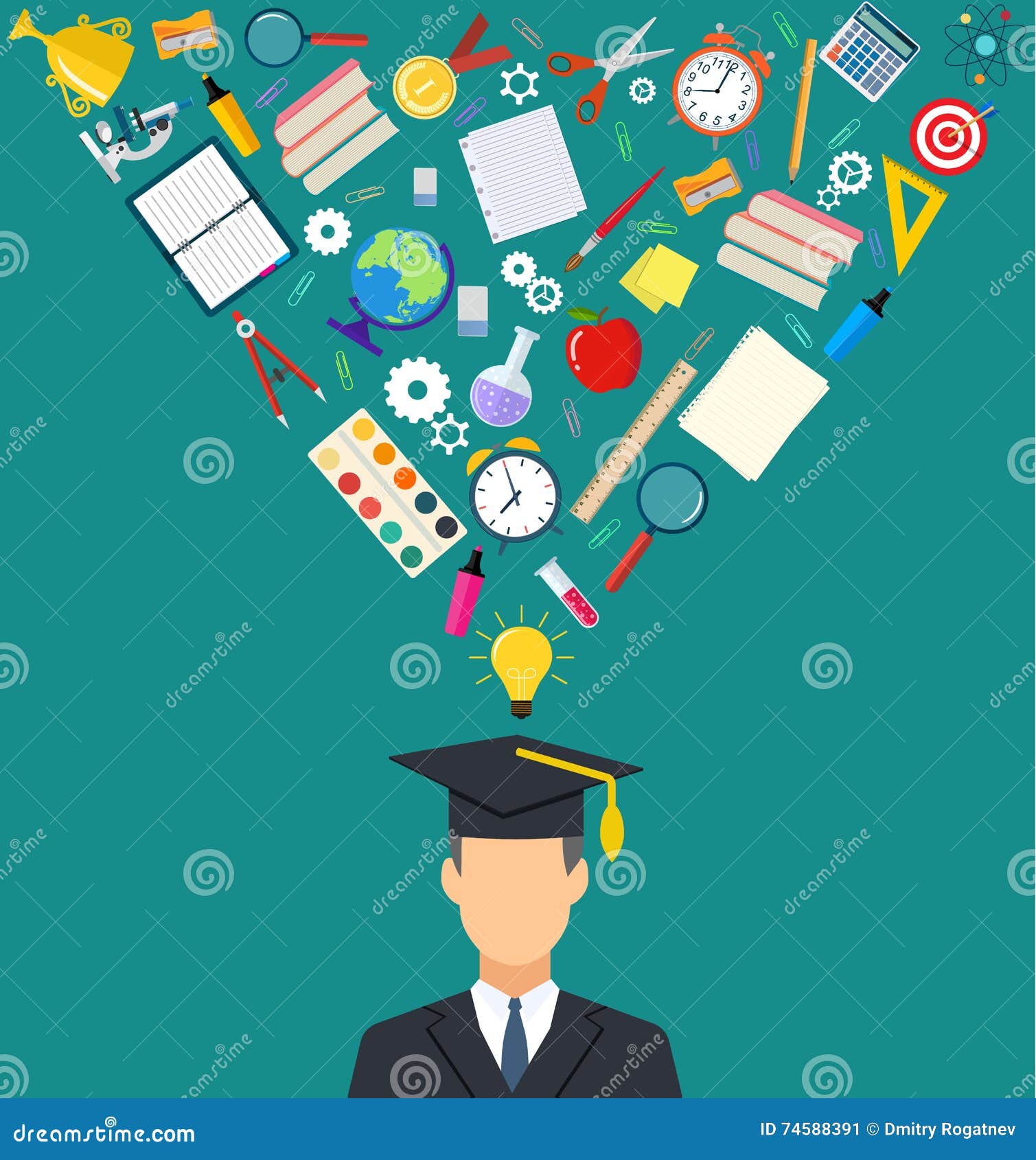 Student with School Icons and Symbols Flying Stock Vector ...