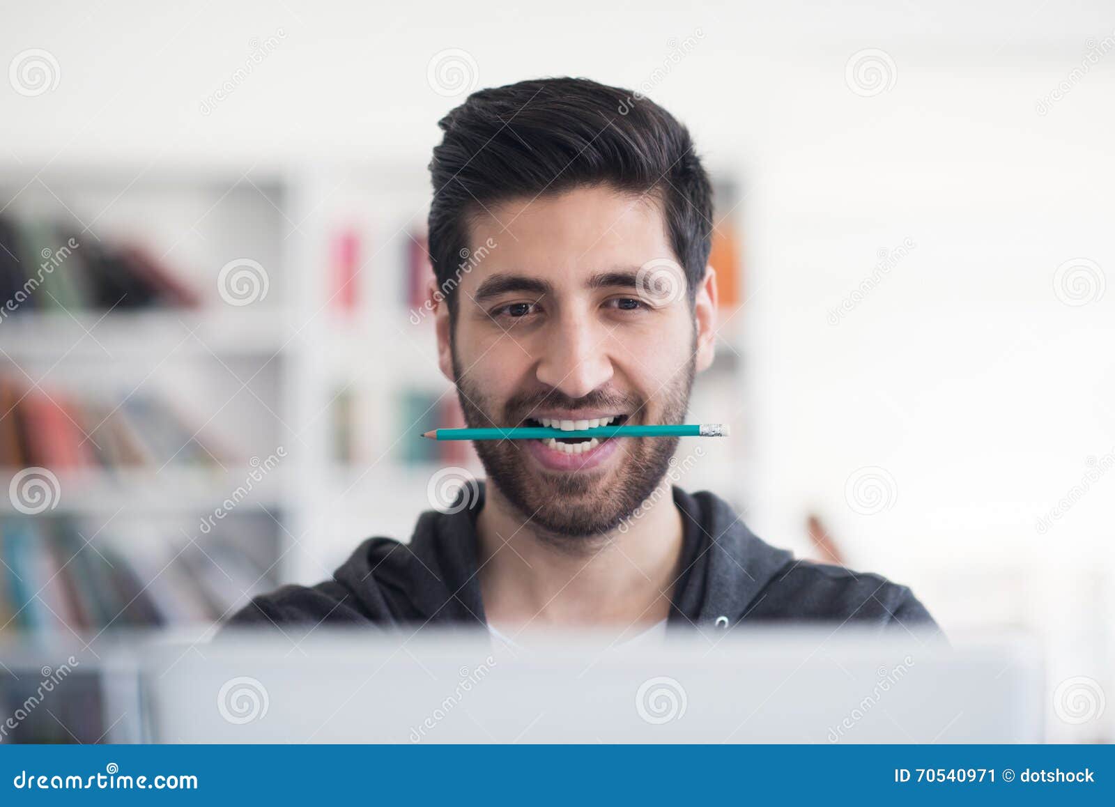 Student in School Library Using Laptop for Research Stock Image - Image ...