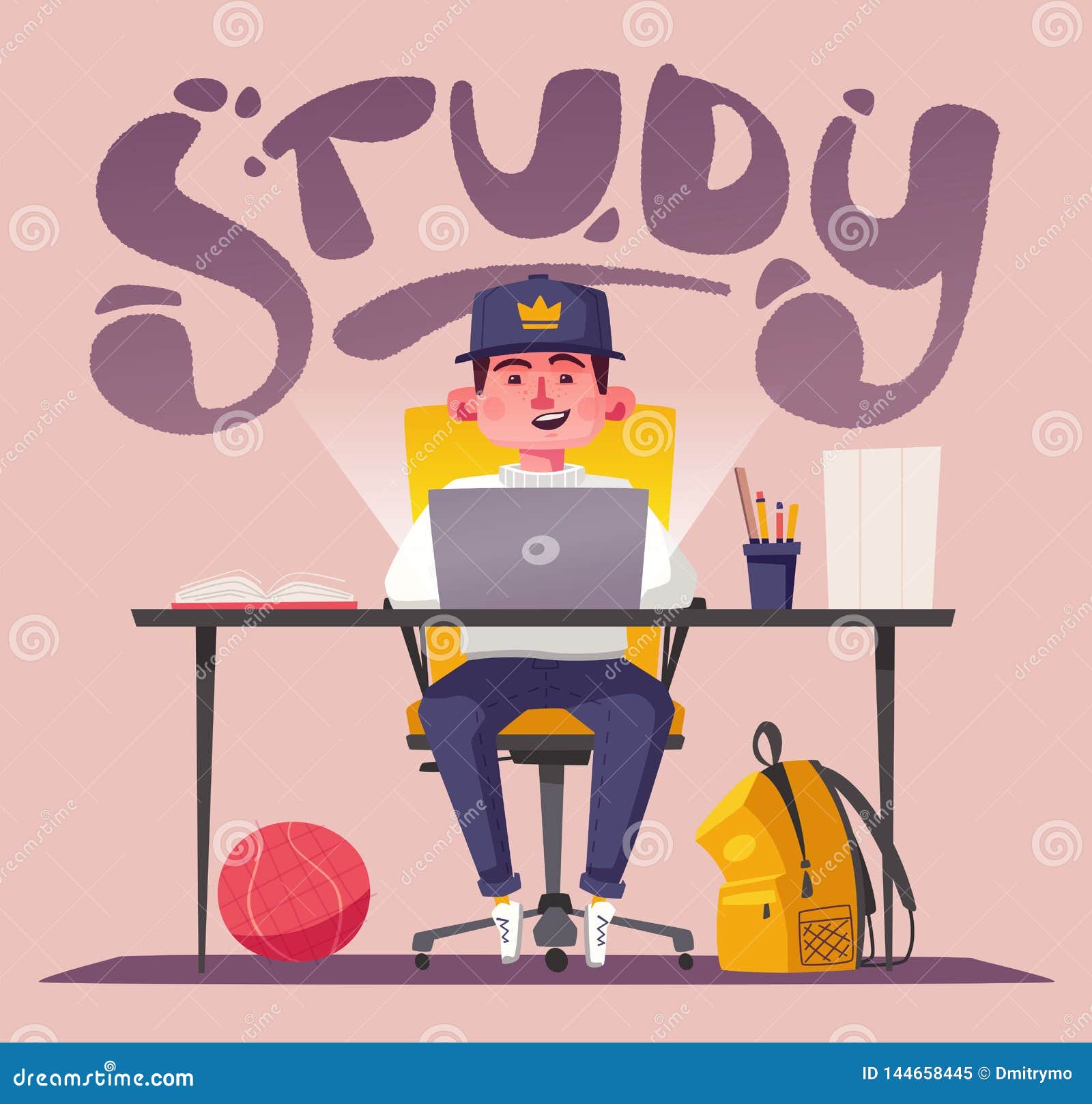 Student or Schoolboy Studying at the Computer. Cartoon Vector ...