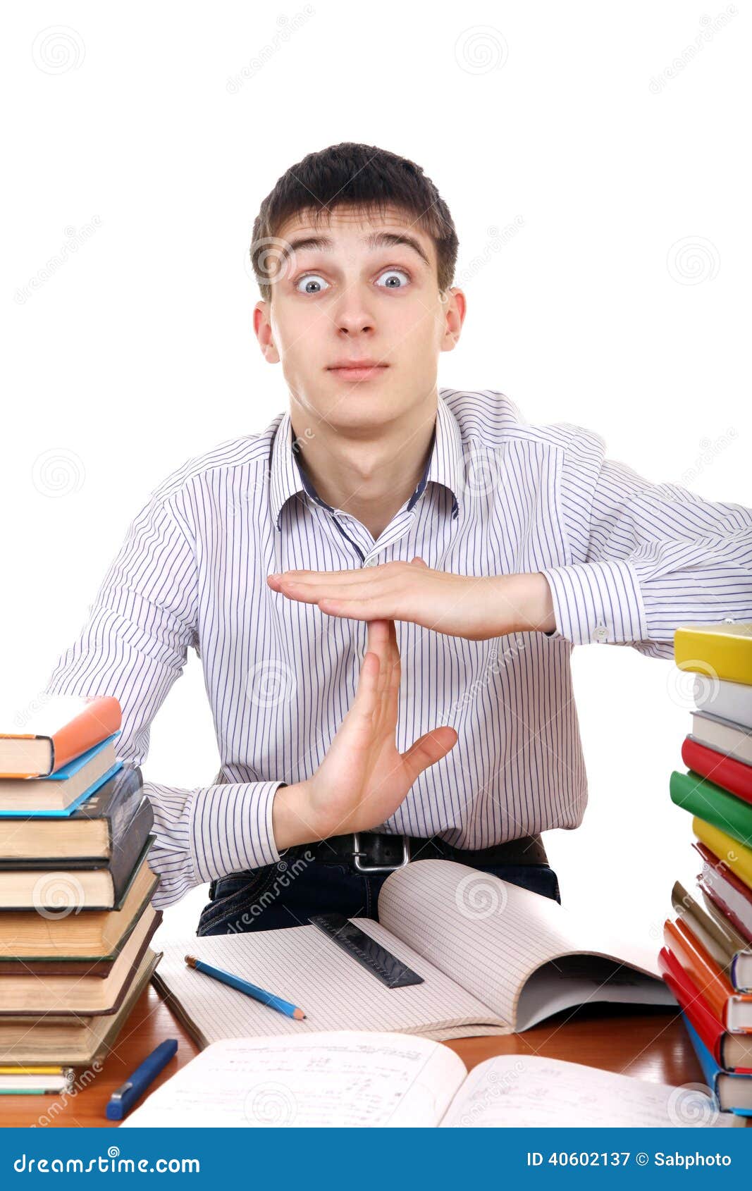 Student Shows Time-out Gesture Stock Image - Image of desk, hands: 40602137