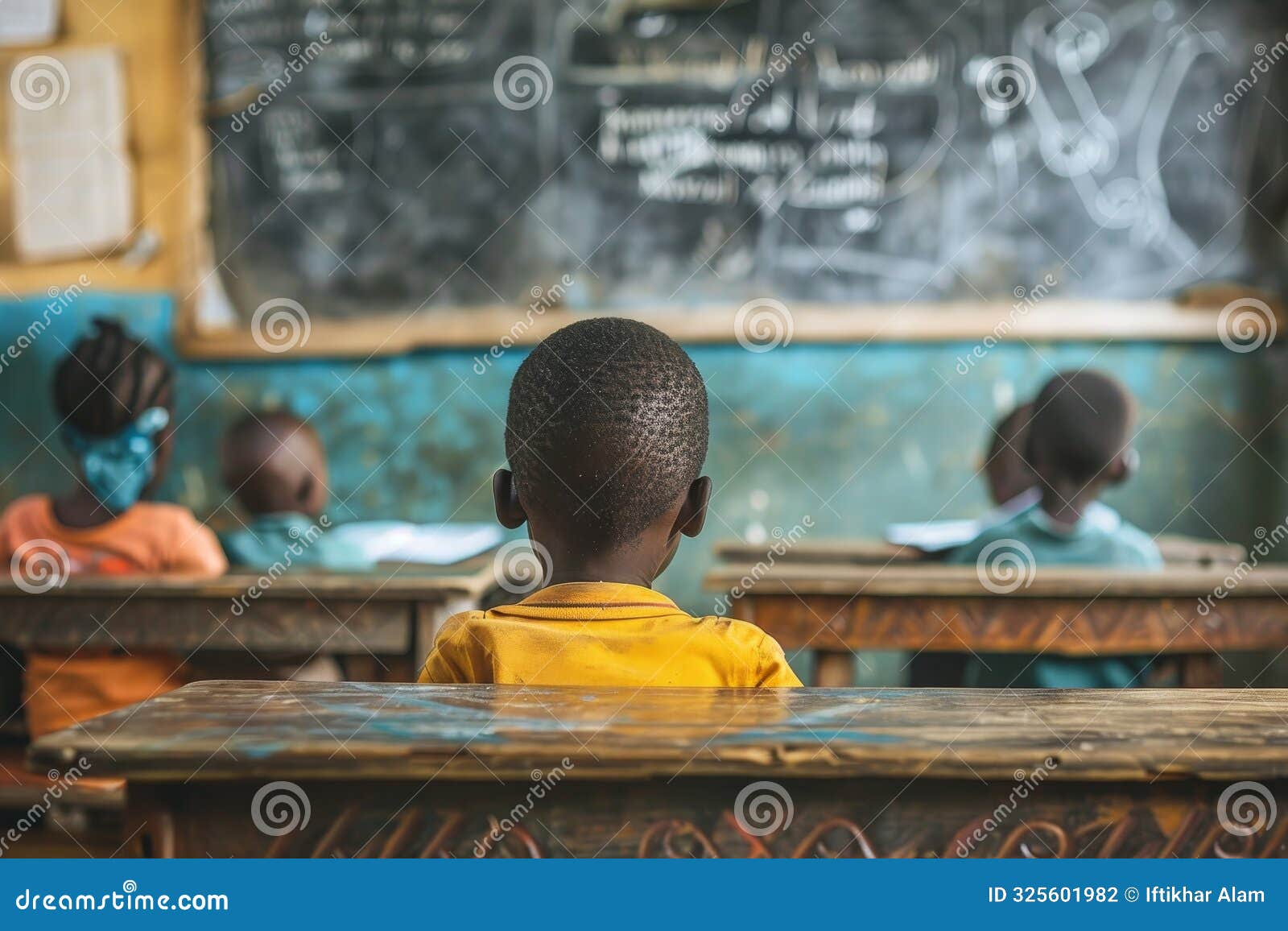 Student Sits at Desk in Classroom, Facing Chalkboard Filled with Notes ...