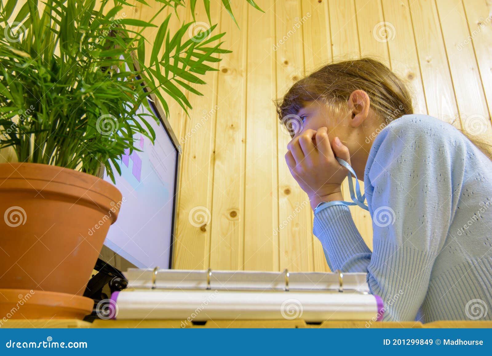 A Student Sits in Front of the Computer during Distance Learning and ...