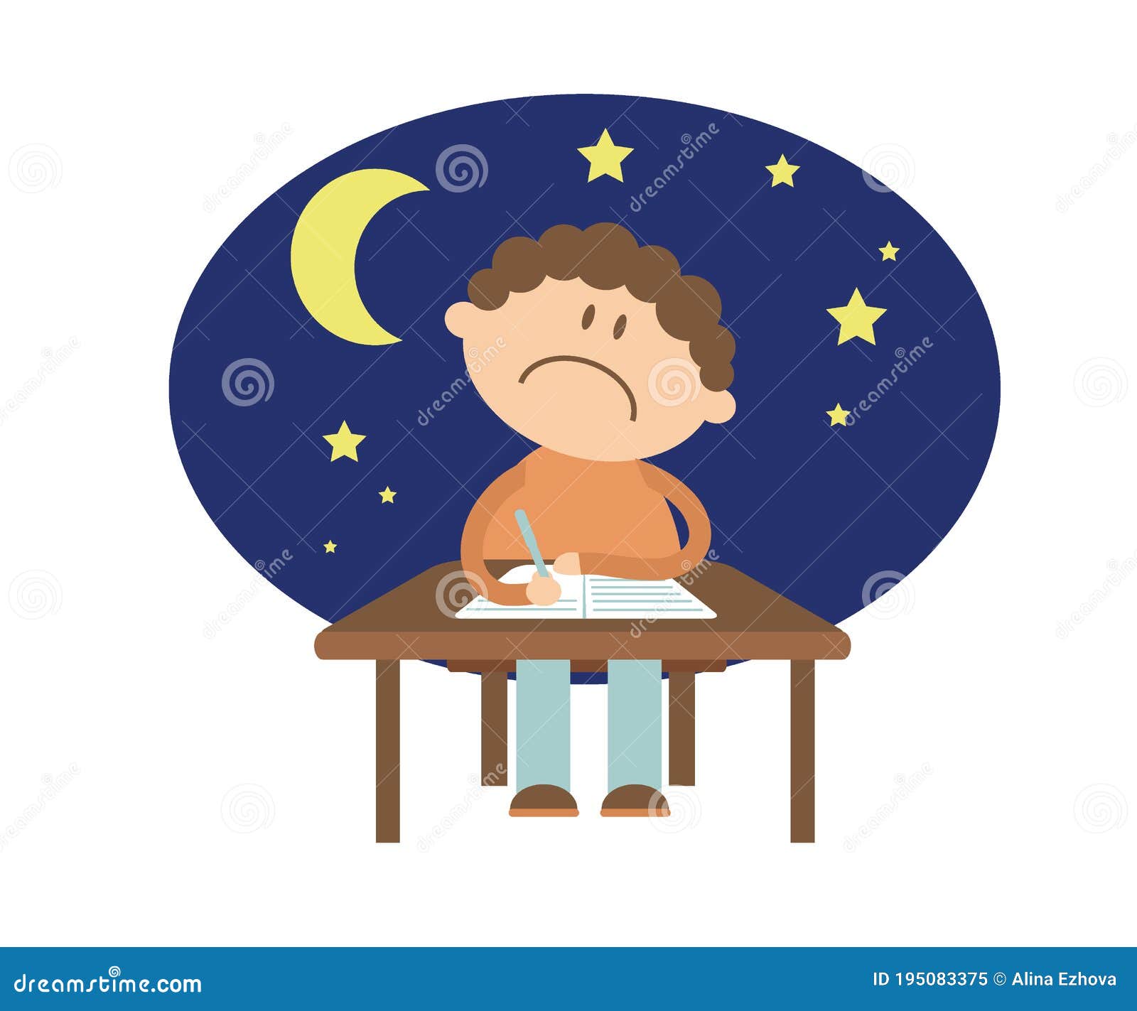 The Student Sits at the Table and Solves the Problem. Night. Cartoon ...