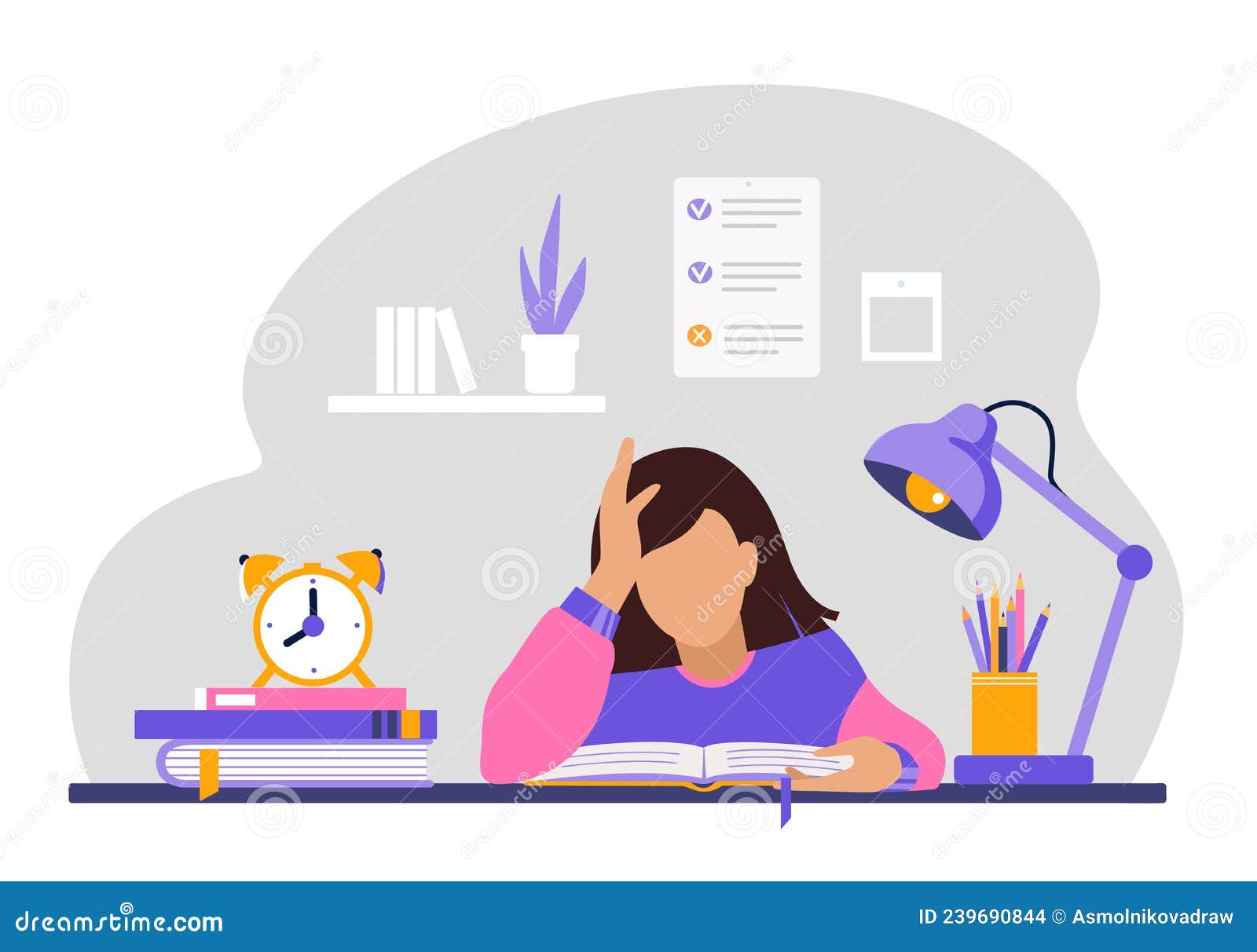 Student Sits at the Table and Studies, Does Homework with Open Books ...